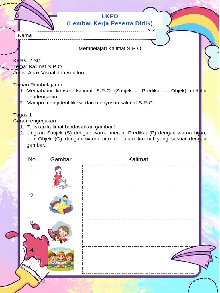 LKPD Bahasa Indonesia Kalimat SPO (Auditori & Visual) | PDF