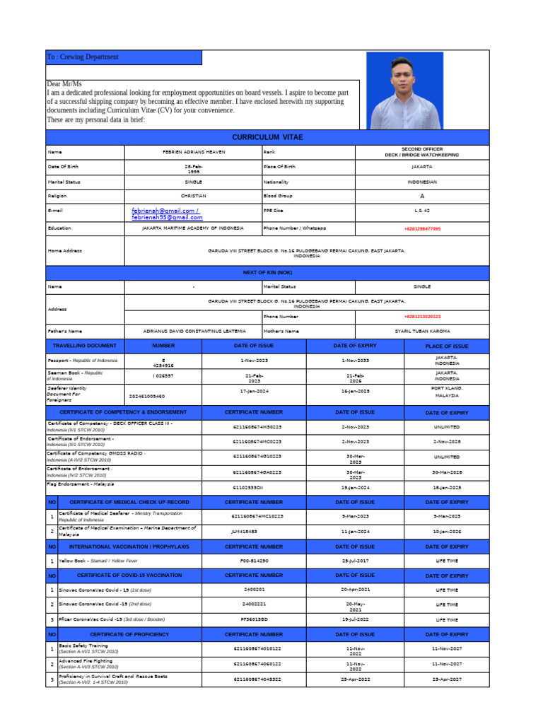 Second Officer Maritime CV | PDF | Vaccination | Shipping