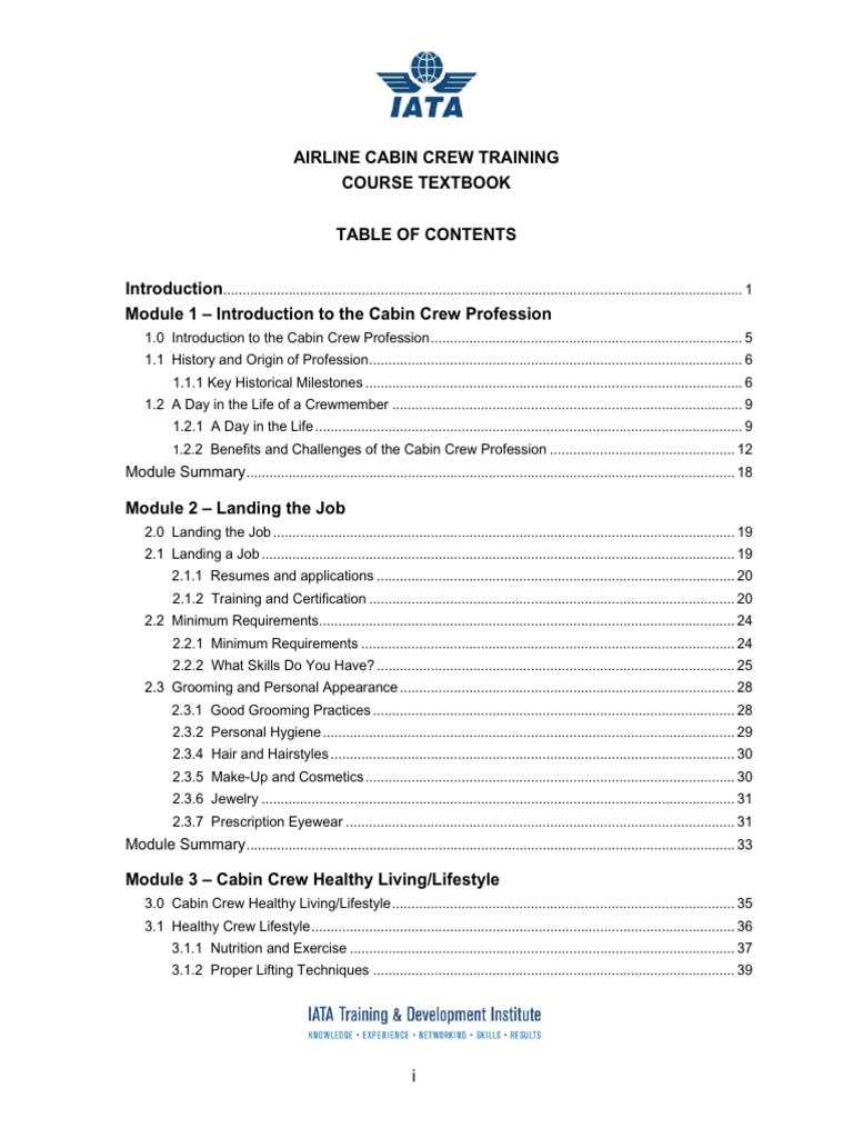 Airline Cabin Crew Training Course Textbook Table of - 1 | PDF ...