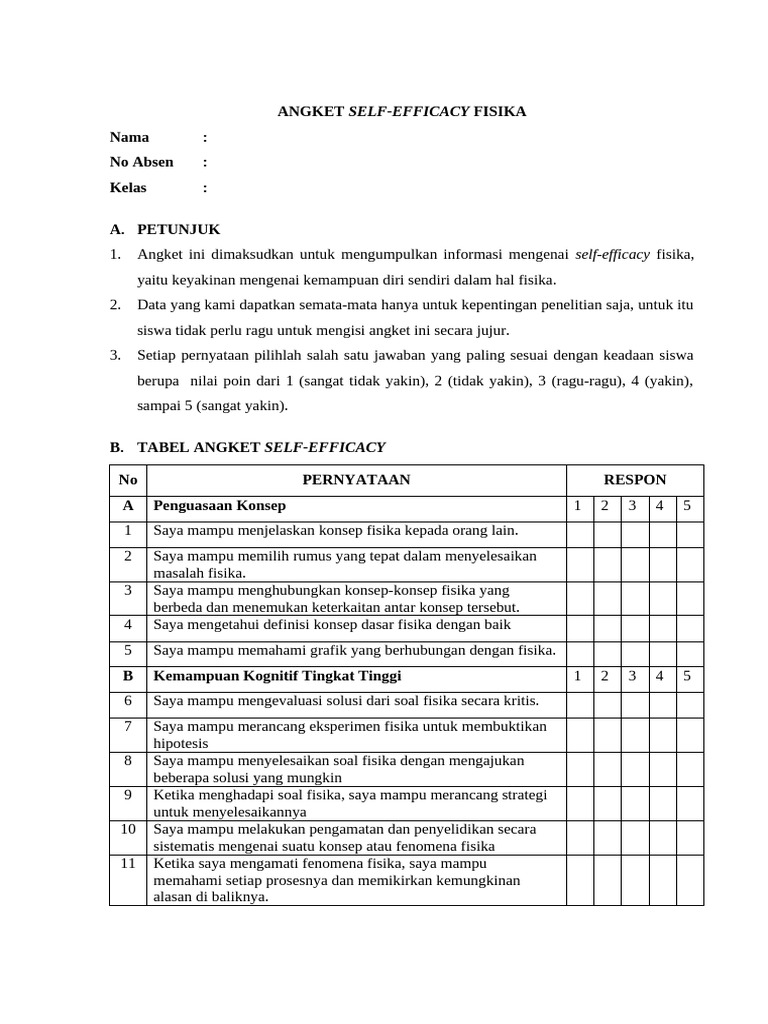 Angket Self Efficacy Untuk Bimbingan 2019 | PDF | Sains & Matematika