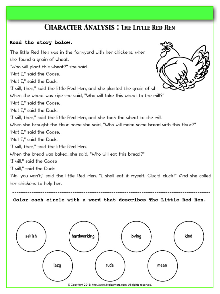 Character Analysis The Little Red Hen | PDF | Poetry | General Fiction