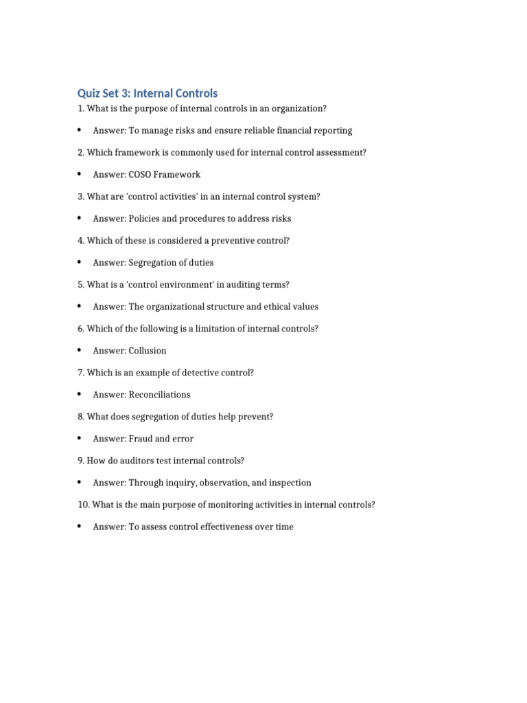 Quiz Set 3 Internal Controls With Answers | PDF