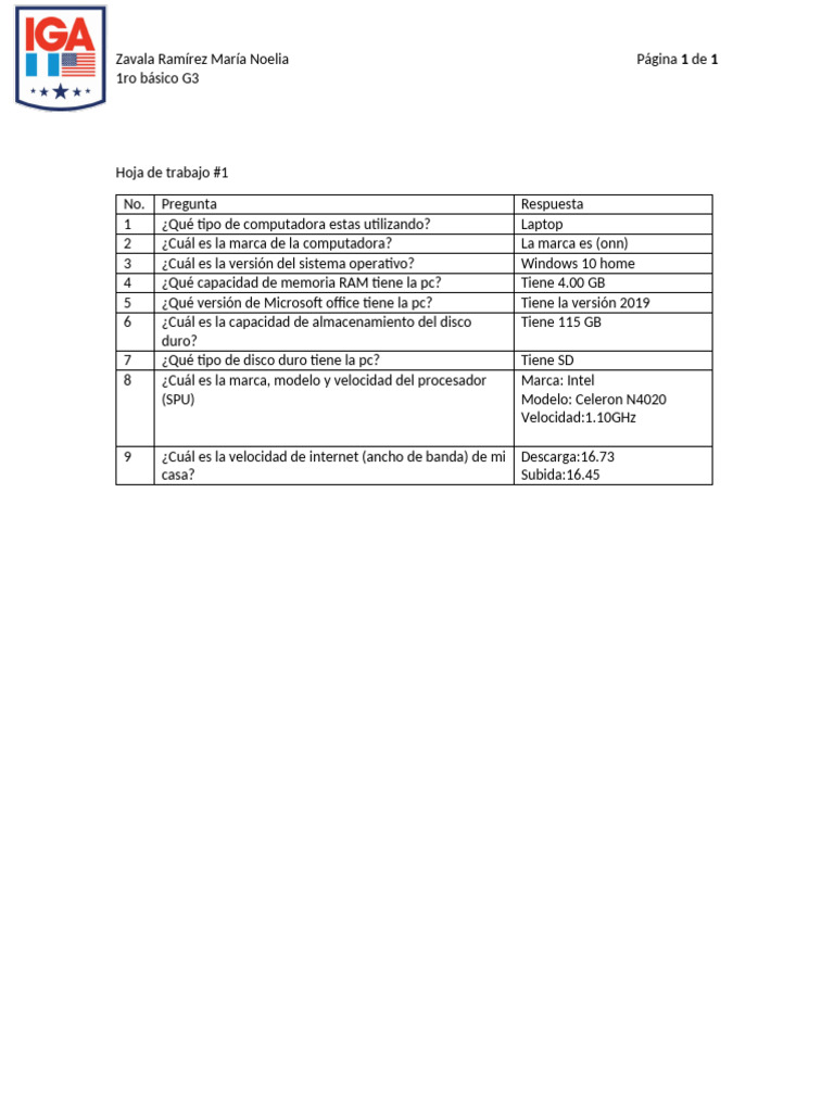 Hoja de trabajo #1 iga shool | PDF