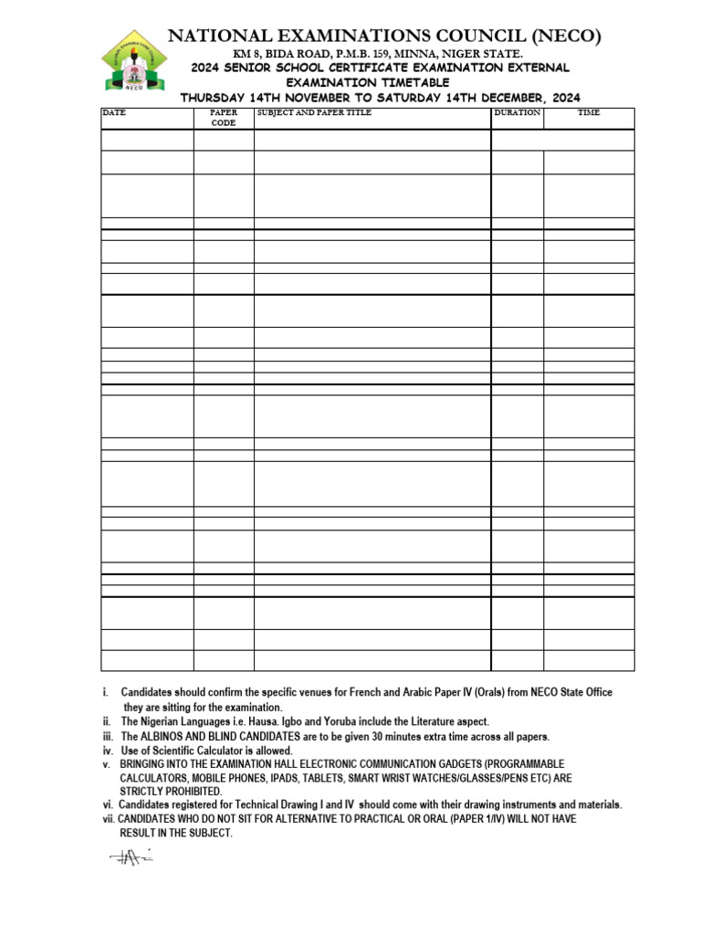 NECO 2024 Exam Timetable Overview | PDF