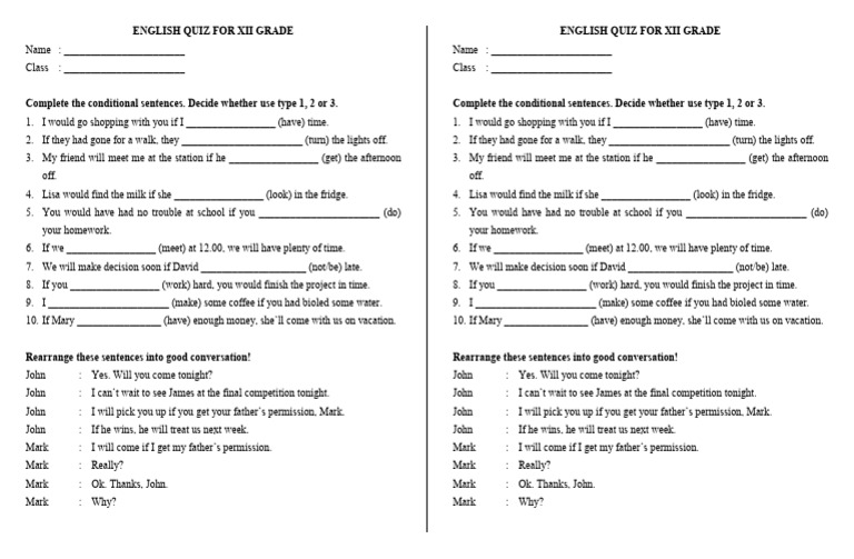 XII Grade English Conditional Quiz | PDF