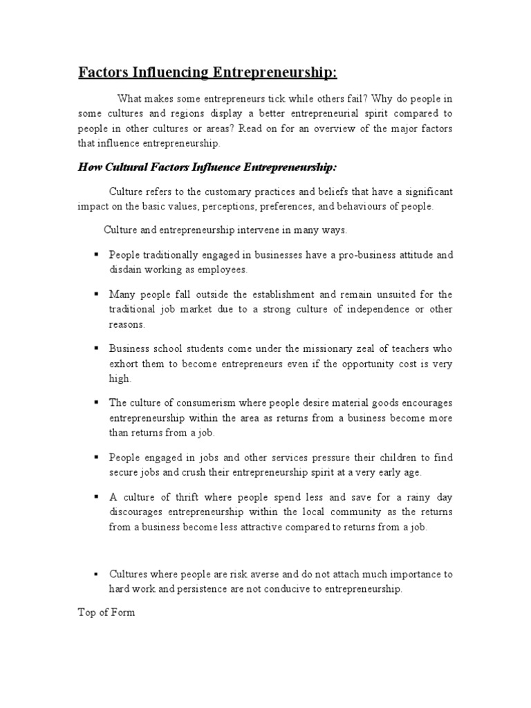 Factors Influencing Entrepreneurship | PDF | Entrepreneurship | Capital ...