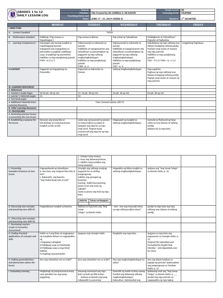 DLL - Filipino 3 - Q1 - W3 | PDF