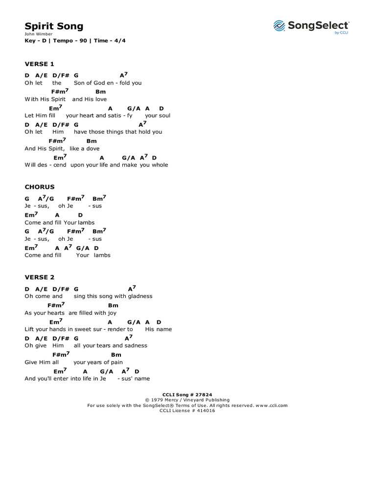 Spirit Song - (John Wimber) - Key of D Chords | PDF