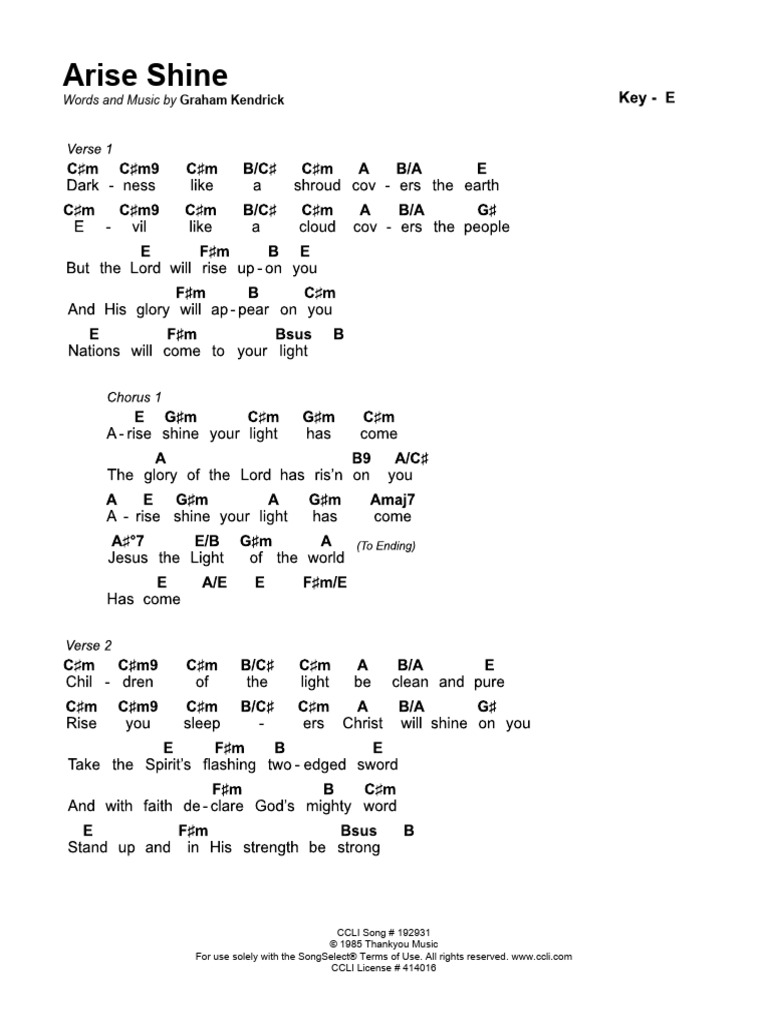 Arise Shine - Graham Kendrick Lyrics | PDF