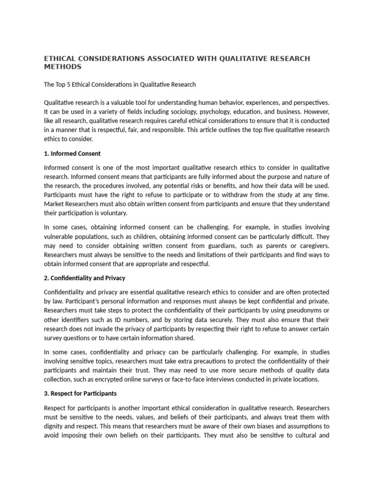 Ethical Considerations Associated With Qualitative Research Methods 2 ...