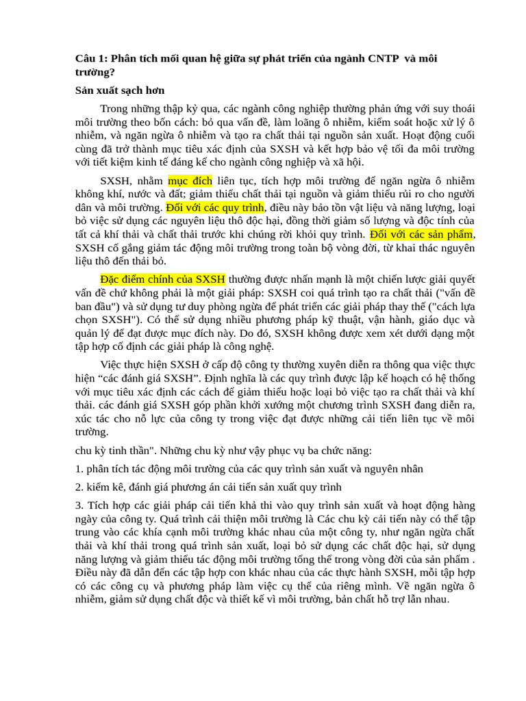 Câu 1 - Phân tích mối quan hệ giữa sự phát triển của ngành CNTP và môi trường | PDF