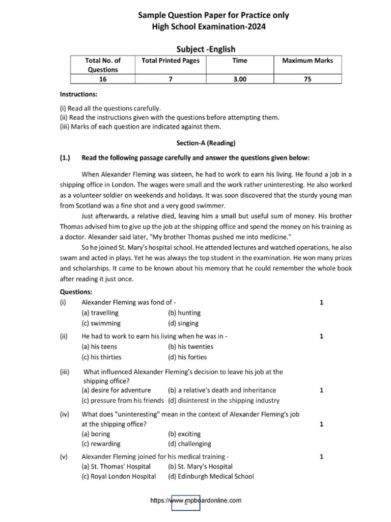MP Board Class 10 Model Paper English Set A 2024 | PDF