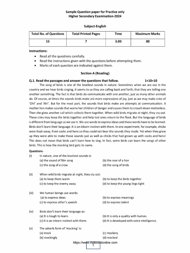 MP Board Class 12 Model Paper English Set A 2024 | PDF