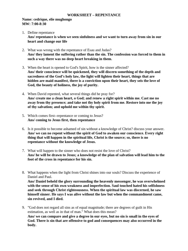 worksheet 8 - Repentance | PDF | Sin | Jesus