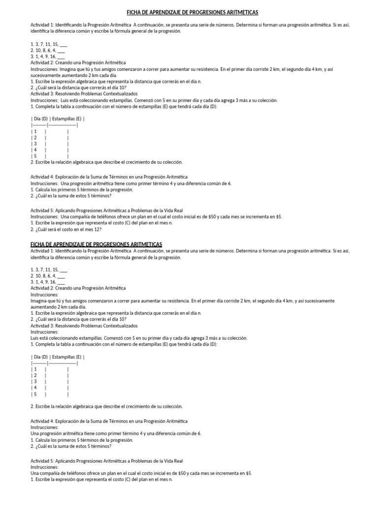 Ficha de Aprendizaje de Progresiones Aritmeticas | PDF | Aritmética | Matemáticas