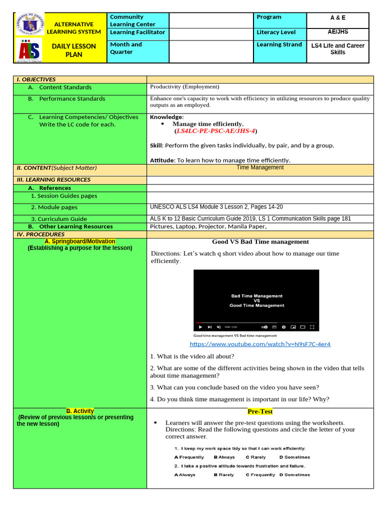 LS4 - DLP-JHS (Time Management) | PDF | Learning | Curriculum