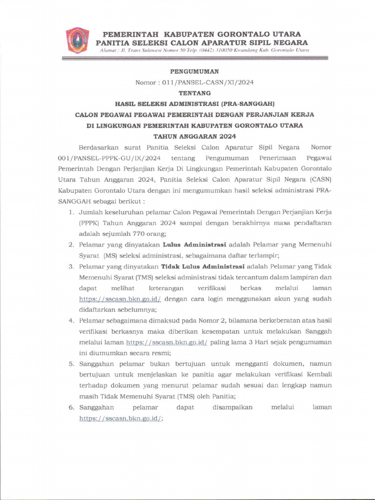 Pengumuman Seleksi Administrasi Pra Sanggah | PDF