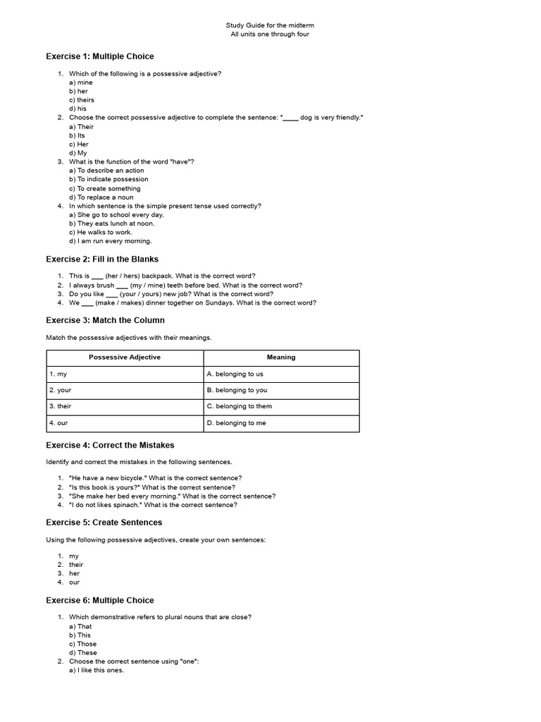 Midterm Study Guide Activities - Exercises For Practice | PDF | Plural ...