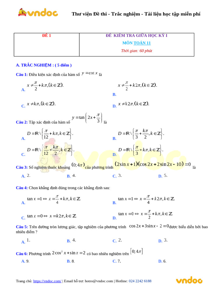 Bo de Thi Giua Hoc Ki 1 Lop 11 Mon Toan Nam 2020 2021 | PDF