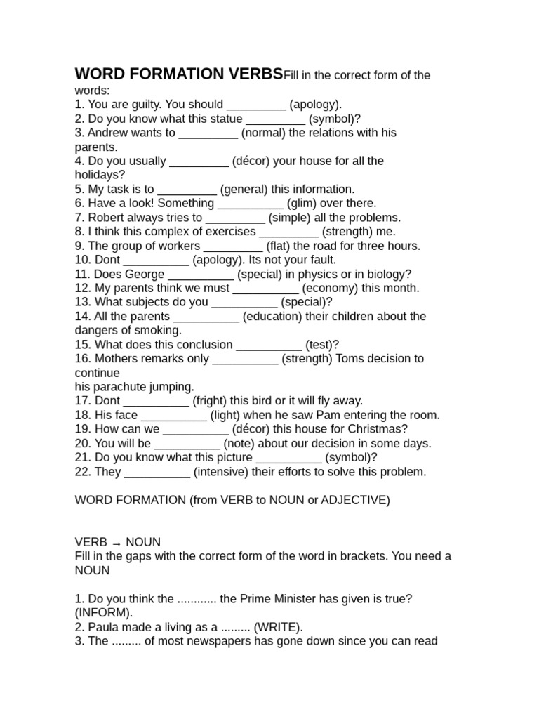 Word Formation Exercises: Verbs to Nouns/Adjectives | PDF | Games ...