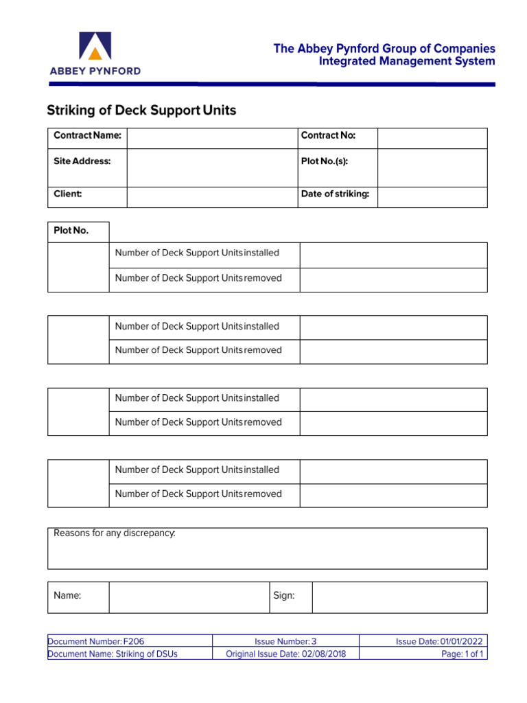 F206 Striking of Deck Support Units Jan 22 Issue 3 Writeable | PDF