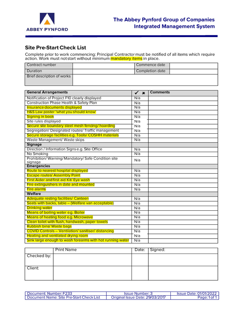 F233 Site Pre Start Checklist Jan 22 Issue 3 Writeable | PDF