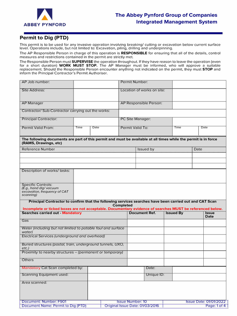 F901 Permit To Dig Jan 22 Issue 10 Writeable | PDF