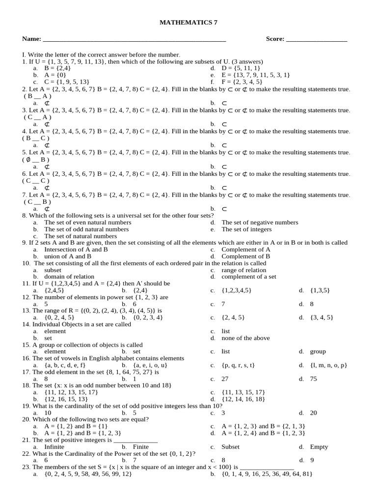 Mathematics 7 Sets Assessment | PDF | Numbers | Mathematical Objects