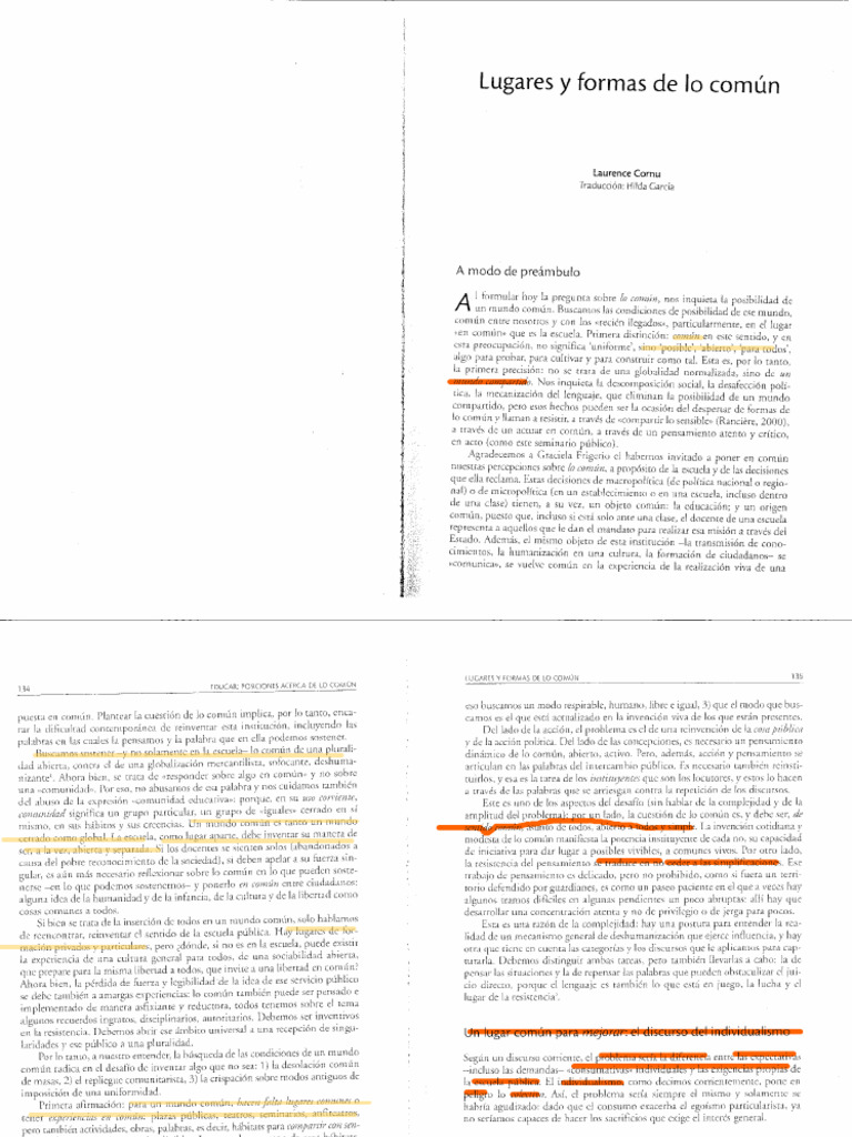 Unidad 1 Texto 1 Lugares y Formas de Lo Comun. Cornu | PDF