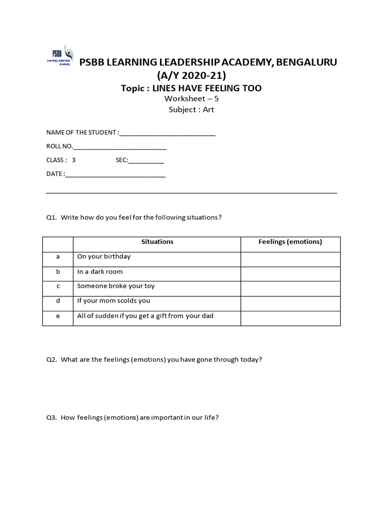 Art Worksheet on Emotions for Kids | PDF
