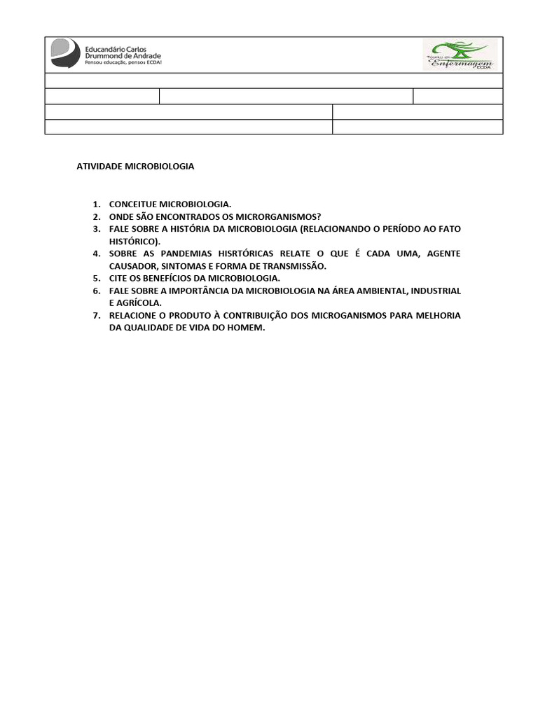 atividade microbiologia 01 2024 | PDF
