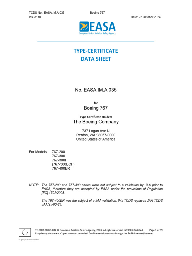 TCDS EASA - IM .A.035 B767 Iss 10 | PDF | Federal Aviation Administration | Airplane