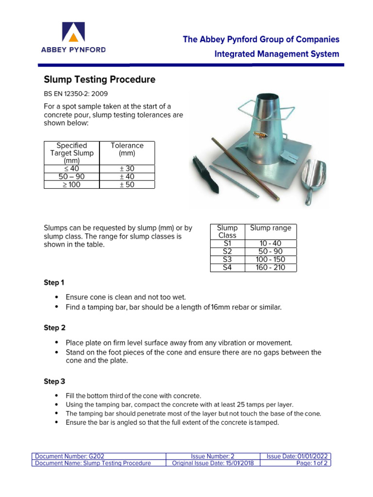G202 Slump Testing Procedure Jan 22 Issue 2 | PDF