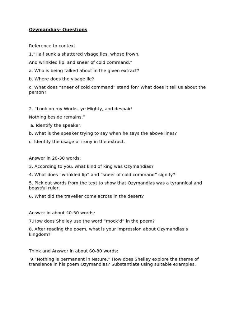Ozymandias Questions | PDF | General Fiction