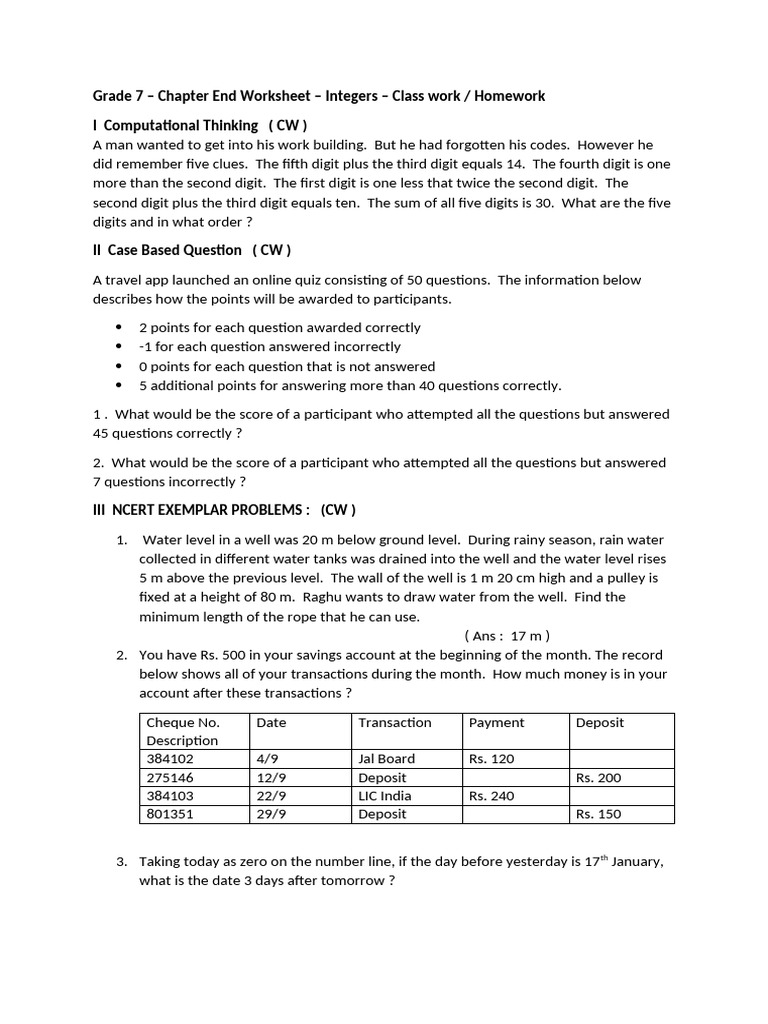Grade 7 - Chapter End Worksheet - Integers | PDF | Integer | Banks