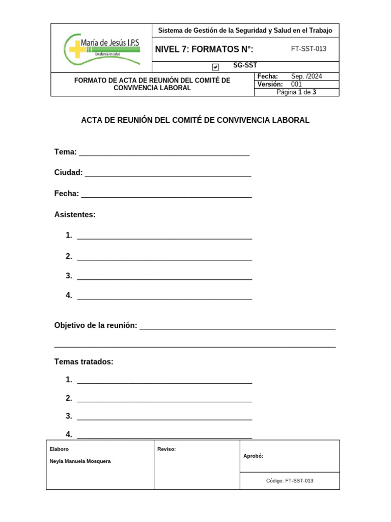 FT-SST-013 Formato de Acta de Reunión Del Comité de Convivencia Laboral | PDF | Negocios ...