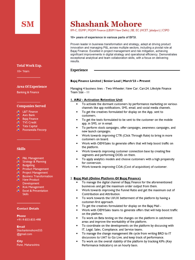 Resume Shashank Mohore PDF Sept | PDF | Performance Indicator | Innovation