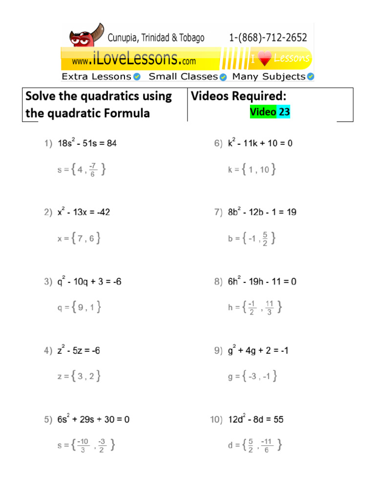 Quadratic Formula Worksheet With Answers | PDF
