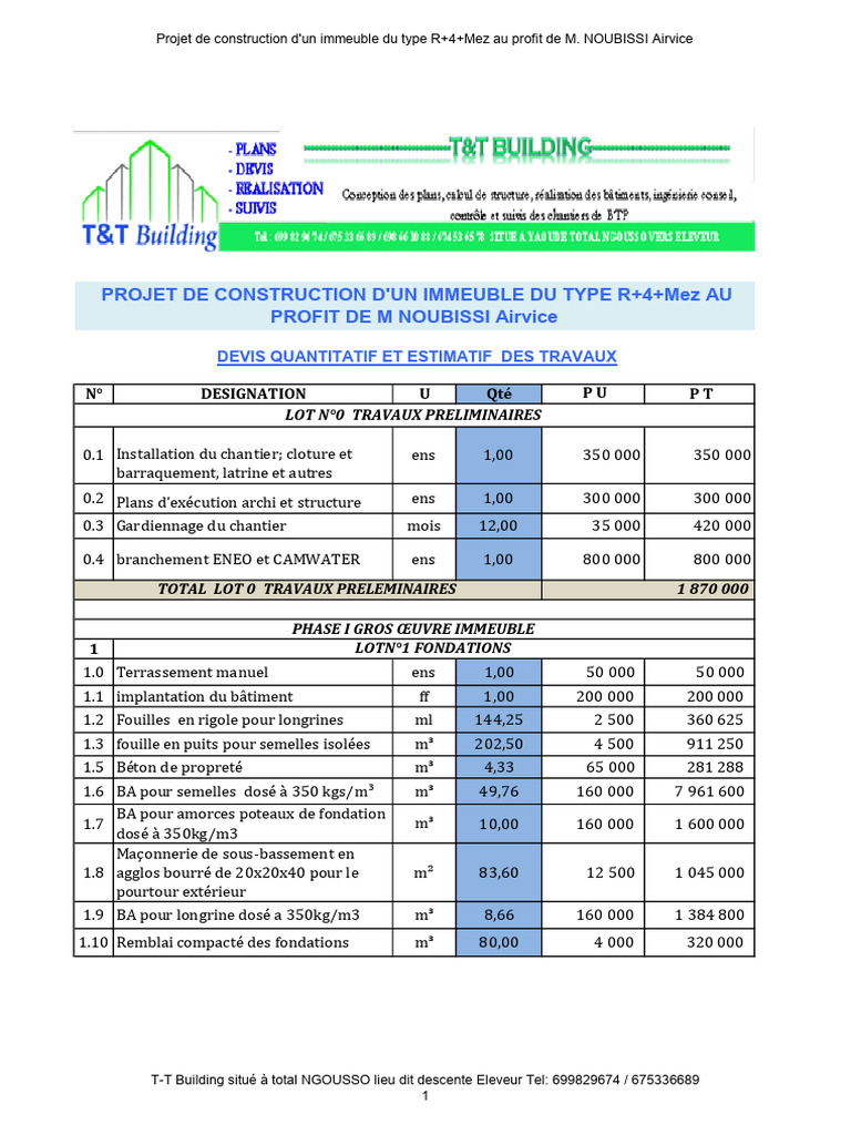 Devis pour construction R+4 à Yaoundé | PDF | Ingénierie des structures ...