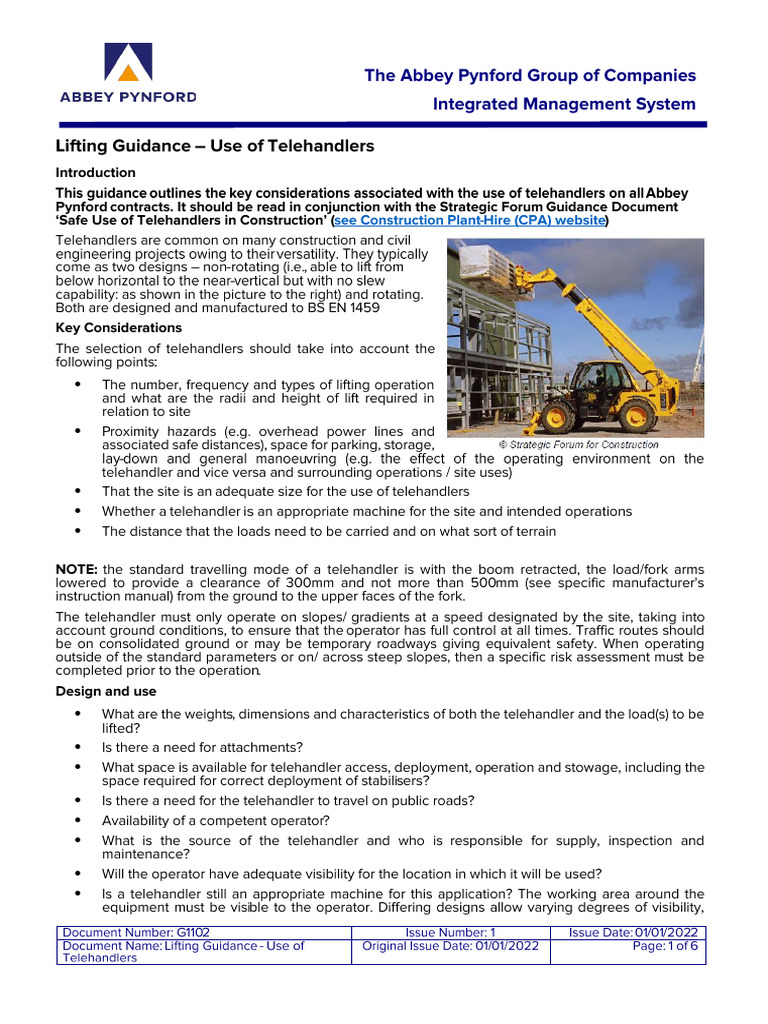 G1102 Lifting Guidance Use of Telehandlers Jan 22 Issue 1 | PDF | Business
