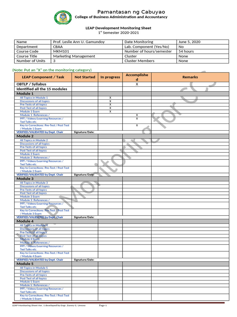 CBAA LEAP Development Monitoring Sheet | PDF | Technology & Engineering