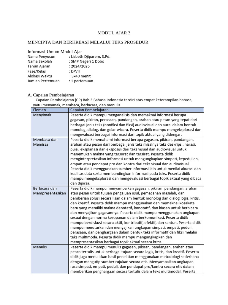 Moddul Ajar Observasi Teks Prosedur Kompleks - Ibu Lisa | PDF