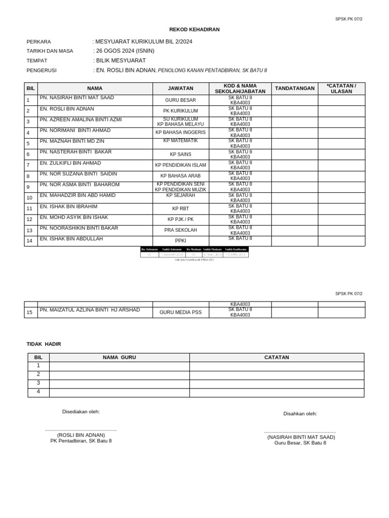 PK07-2 Rekod Kehadiran Bil. 2 | PDF