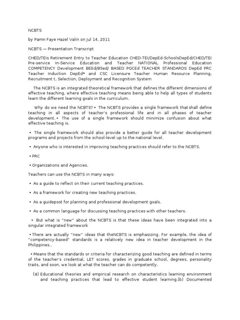 NCBTS Framework for Effective Teaching | PDF | Learning | Teachers