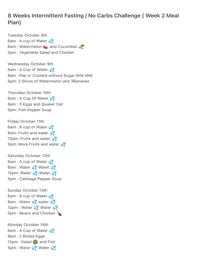 8 Weeks Intermittent Fasting %2 (Week 2 Meal Plan | PDF