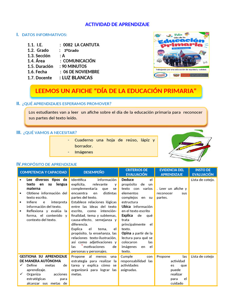 d3 A2 Sesion Com. Leemos Un Afiche "Día de La Educación Primaria" | PDF ...