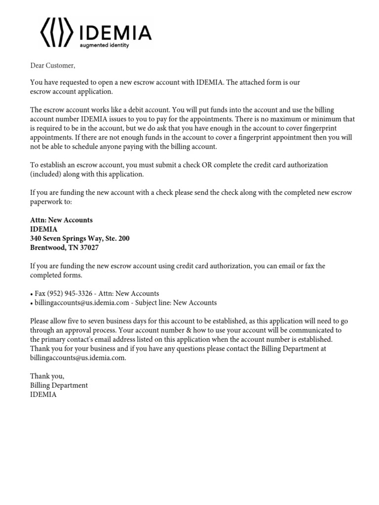 IDEMIA Escrow Account Application Guide | PDF | Credit Card | Banking Technology