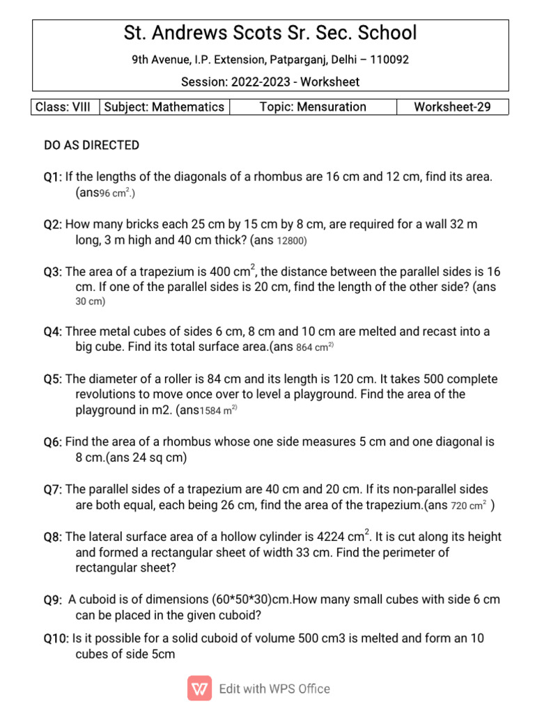 Class 8 Mensuration Worksheet | PDF