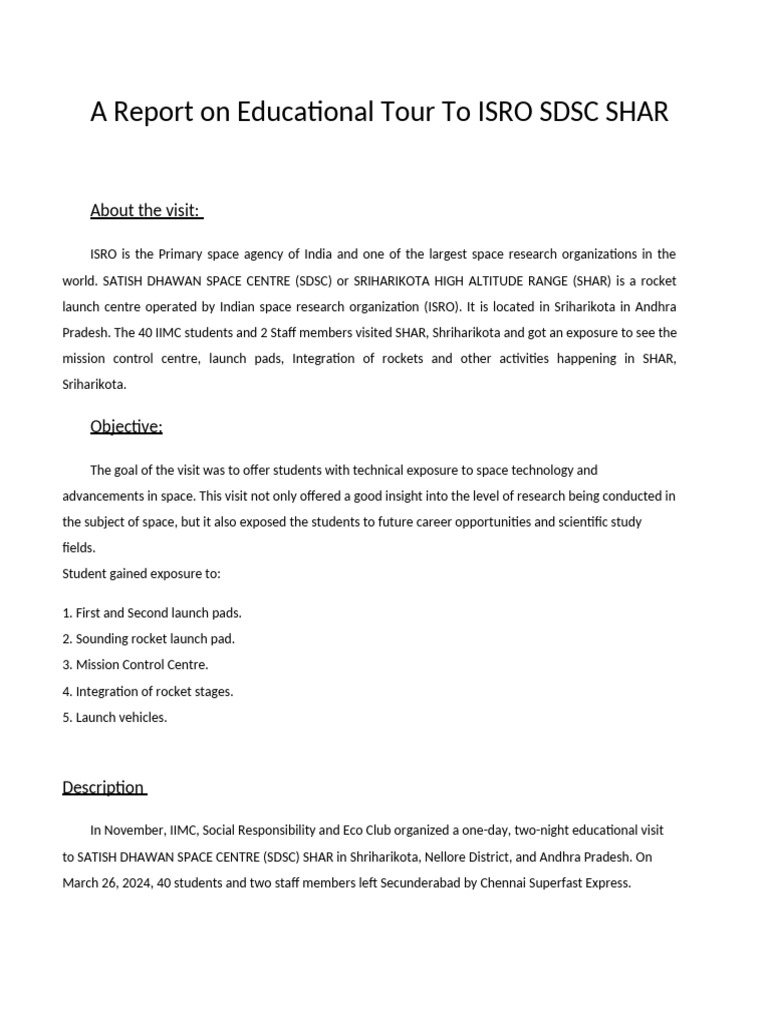 A Report On Educational Tour To ISRO SDSC SHAR | PDF | Space Technology ...