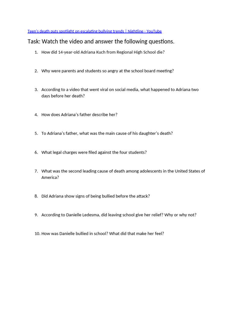 Questions About A Video On Bullying | PDF | Wellness